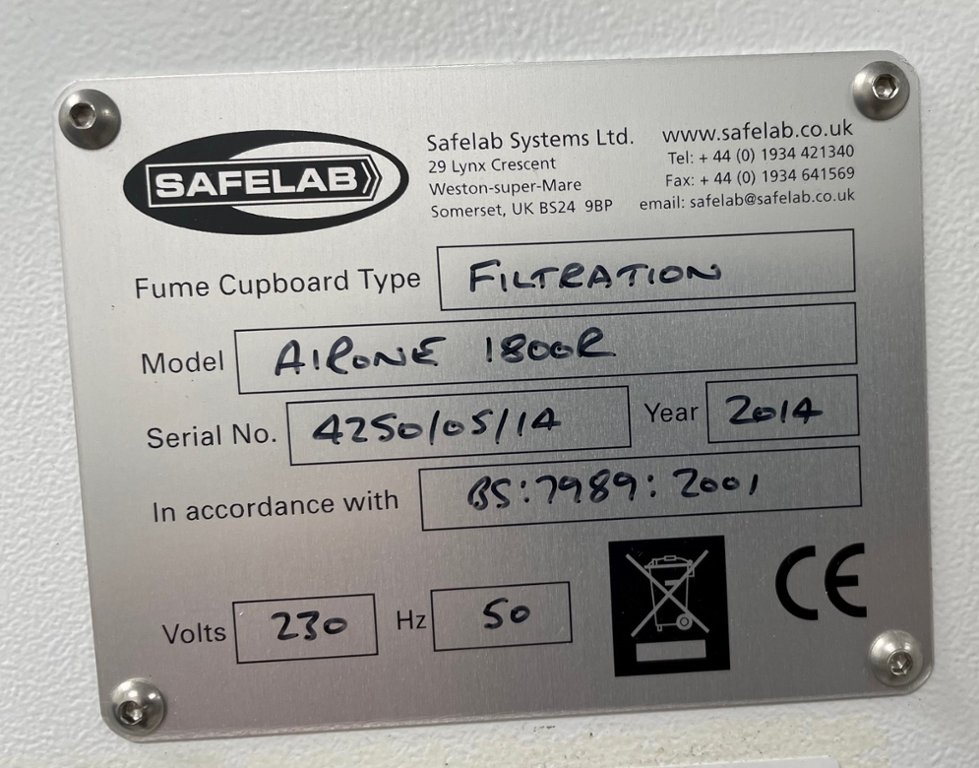 Safelab Airone 1800R Fume Cabinet (2014) - 1st Machinery